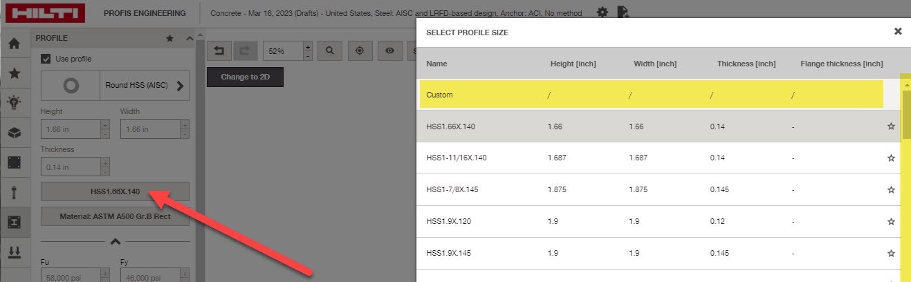 Can I create a custom steel section in profis base plate ancho...