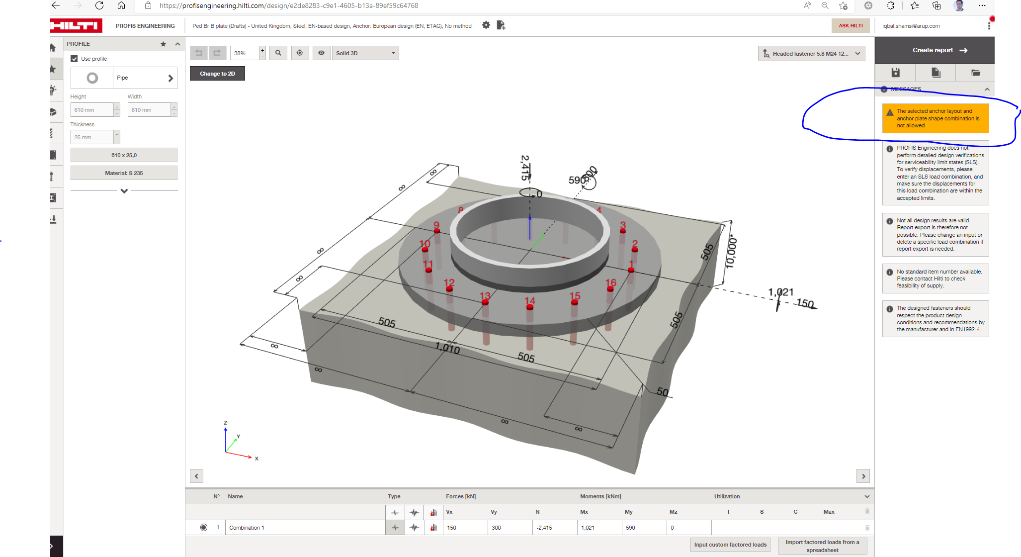 Analysis of circular shape base plate with anchor bolts in cir...