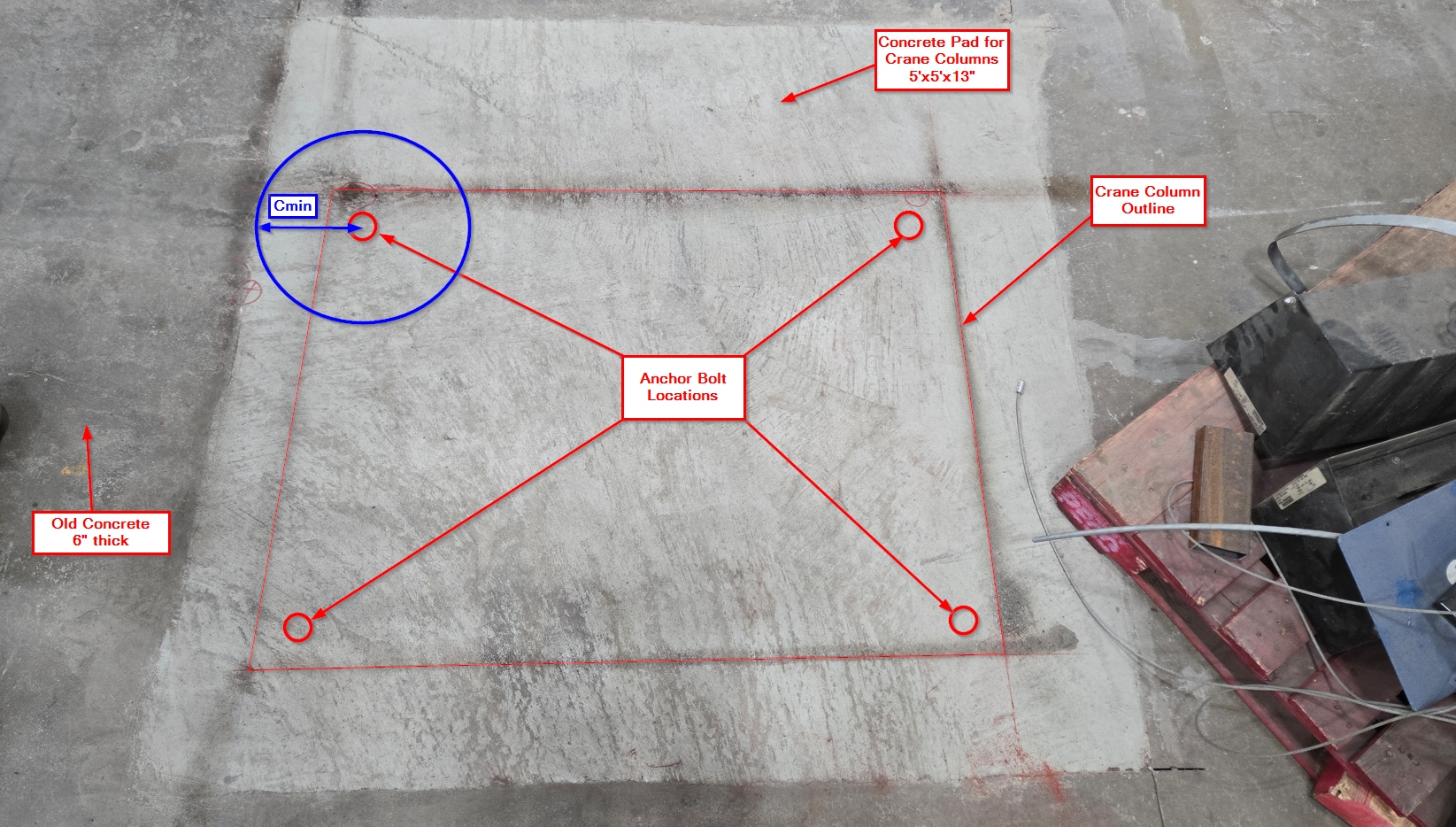 Minimum anchor edge distance of a pad poured into existing flo...