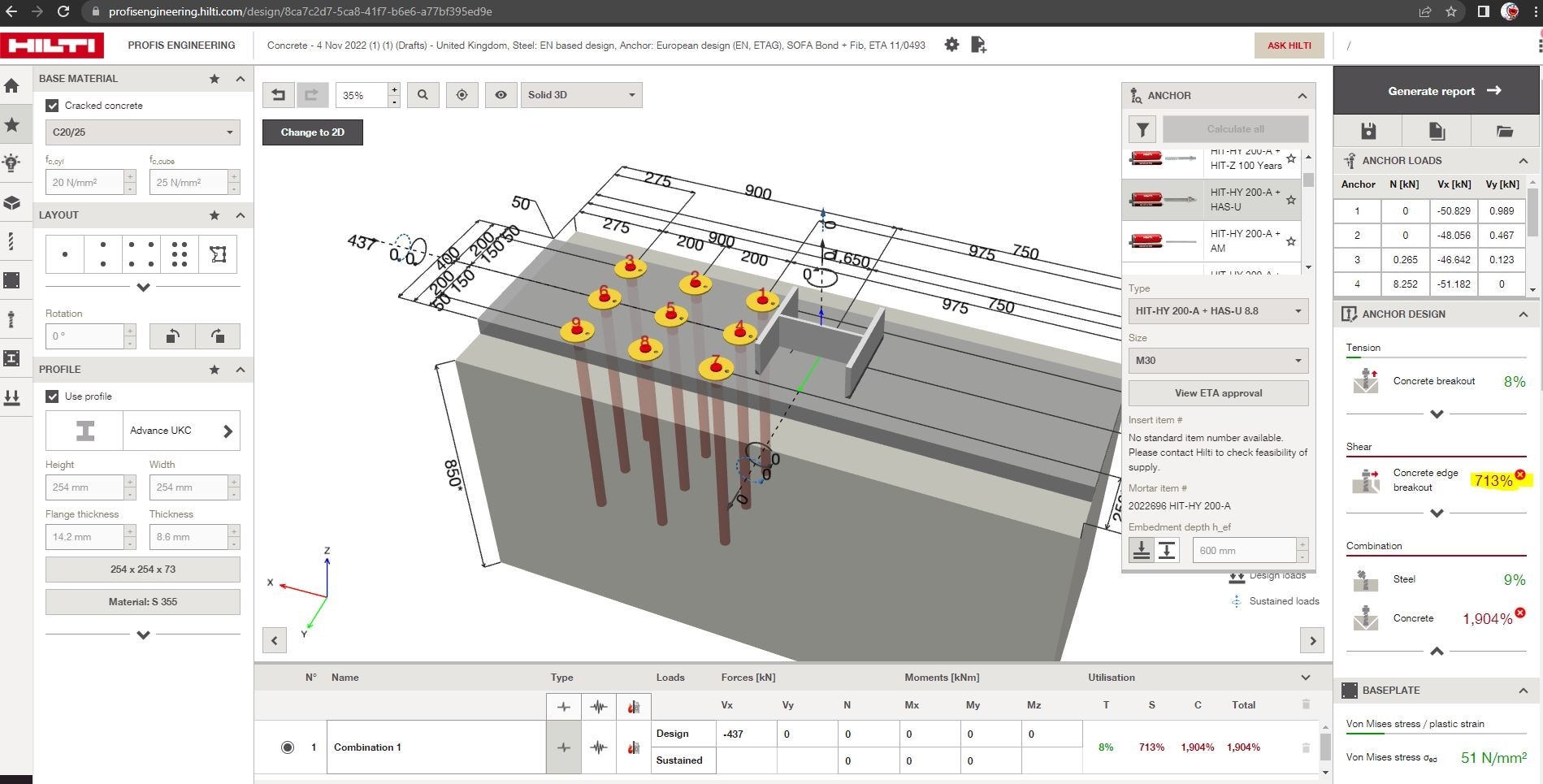 Calculation for Concrete Breakout (HILTI PROFIS Engineering 3....